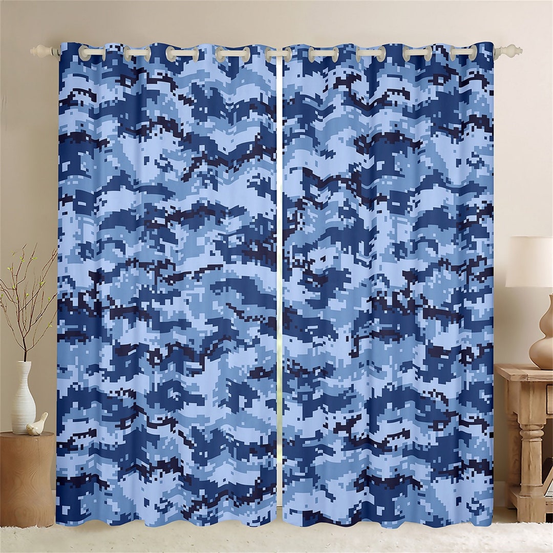 Navy Blue Camo Handmade Window Curtain, Geometric Plaid Camouflage ...