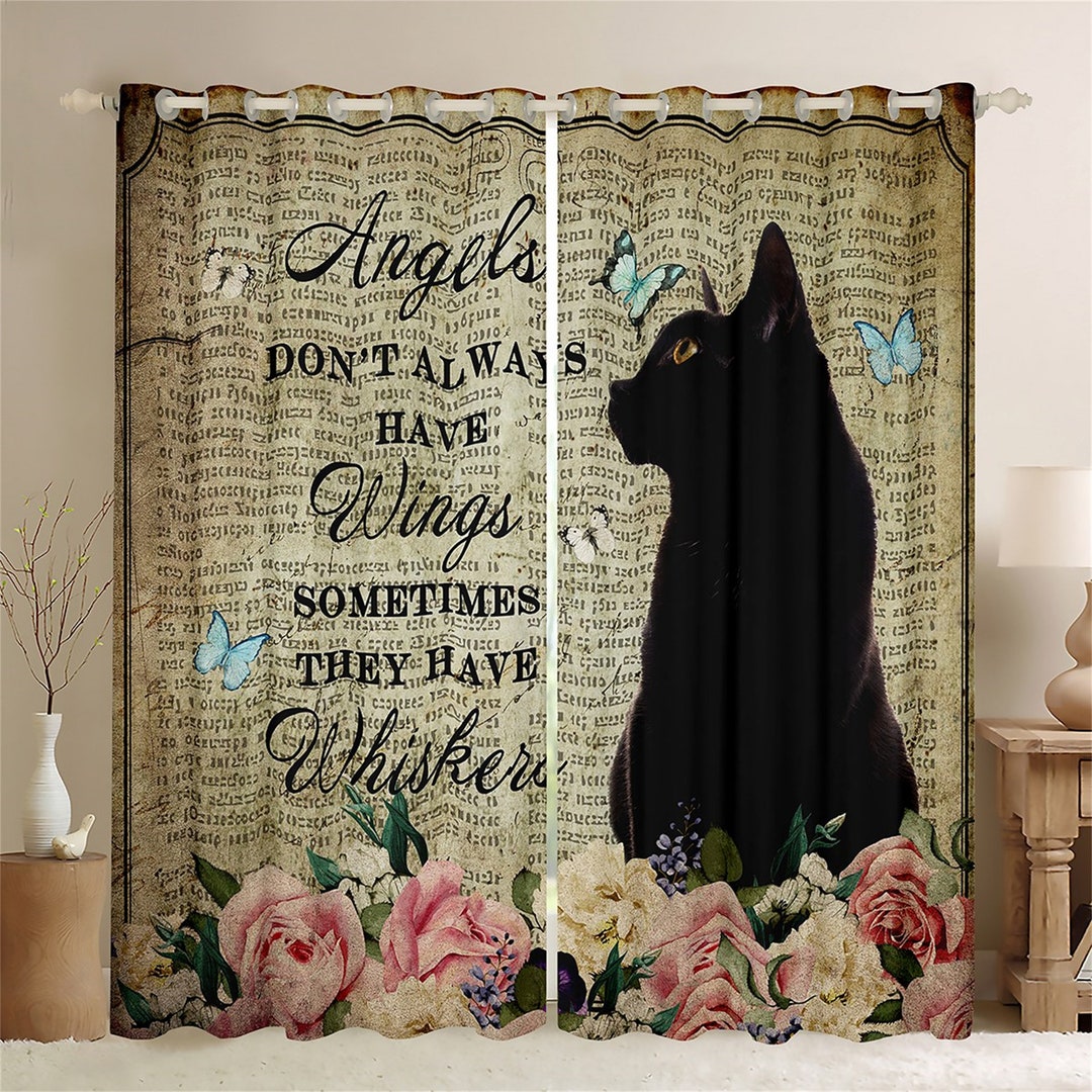 Black Cat Window Curtains, Cute Animal Family Cat Watercolor Flowers ...