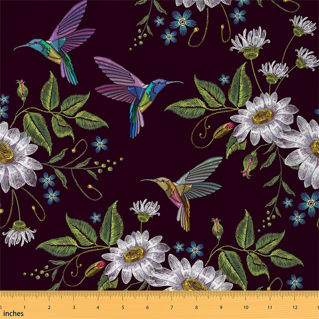 Hummingbird Polyester Fabric by the Yard, Botanical Daisy Flowers ...