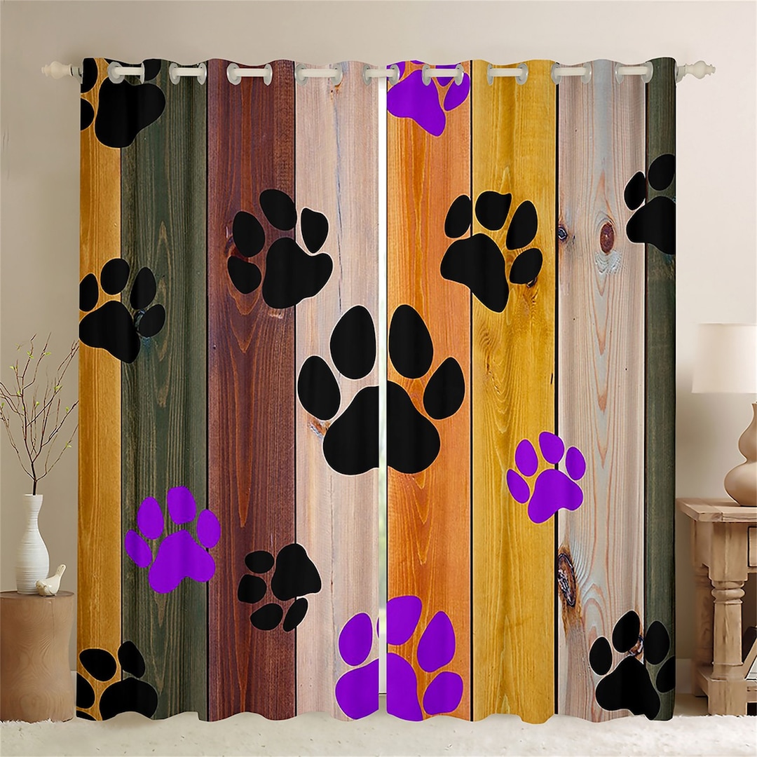 Dog Paw Print Handmade Animal Window Curtain Set, Rustic Wooden ...