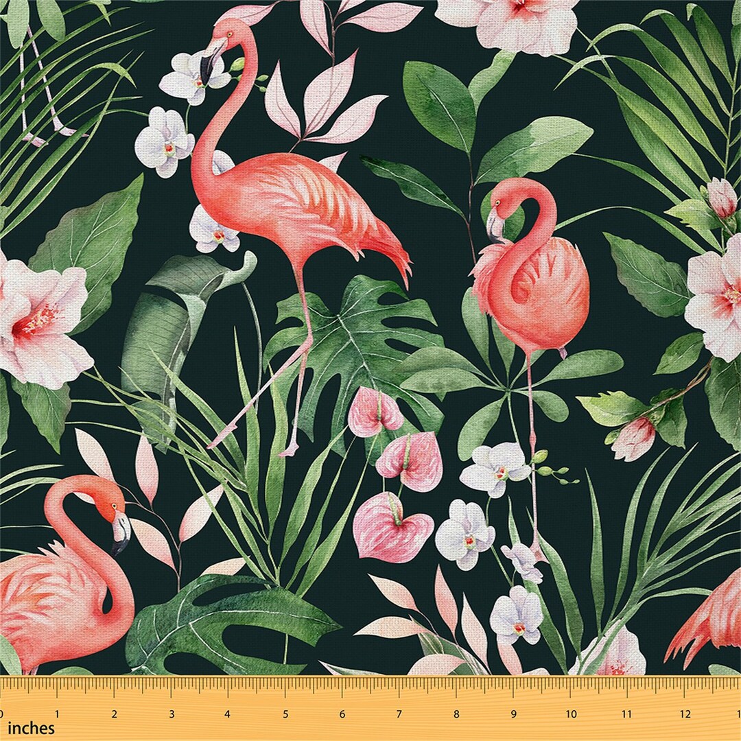 Flamingo Polyester Fabric by the Yard, Tropical Palm Leaves Pink ...