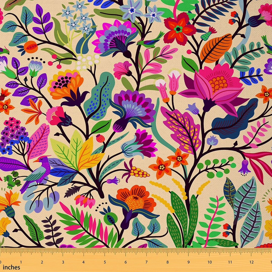 Colorful Flowers Fabric by the Yard, Colorful Artistic Blooming Fabric ...