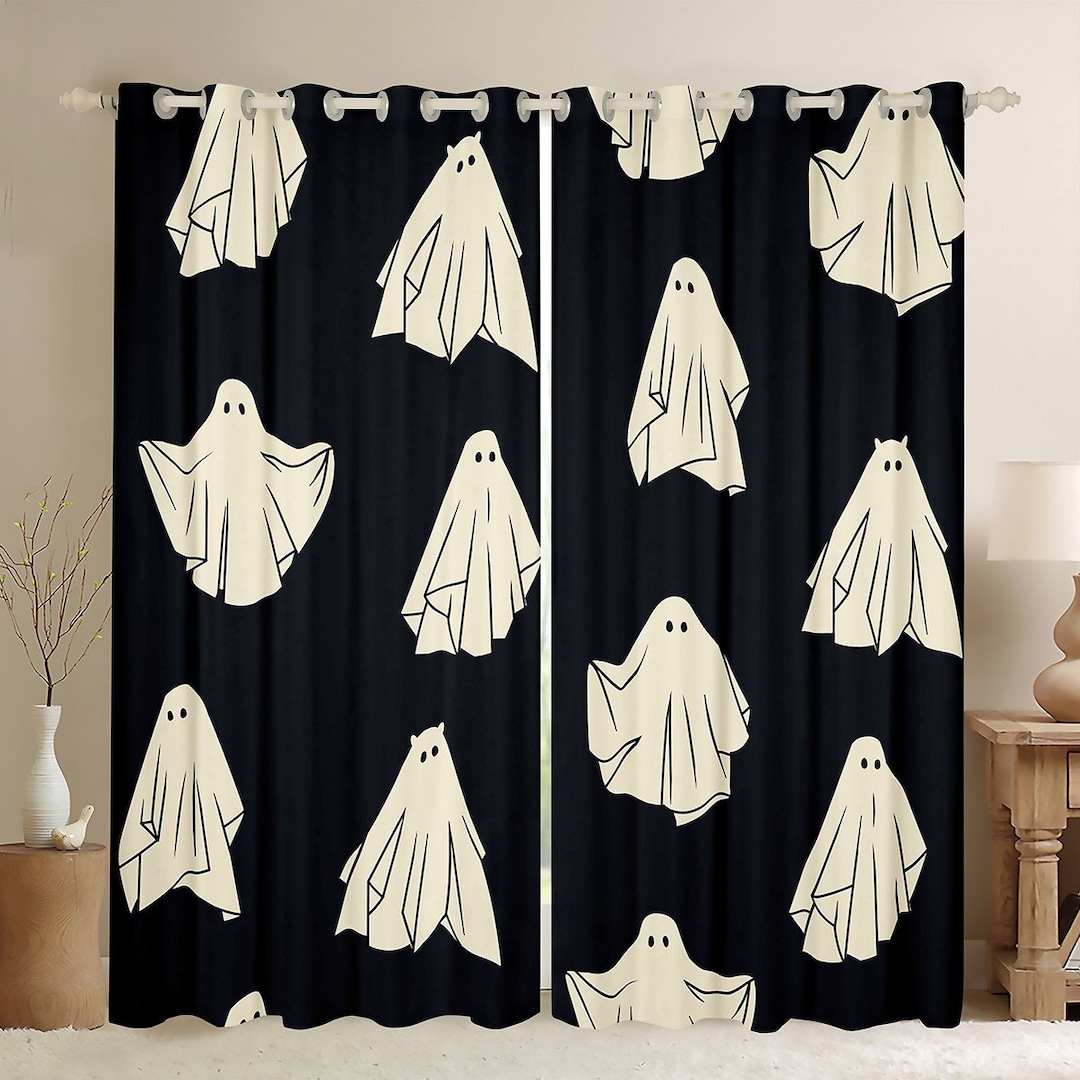 Halloween Theme Window Curtains, Cartoon Ghost Black Beige Window ...