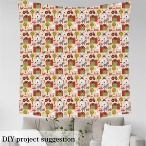 Cartoon Farm Fabric by the Yard, Rustic Farmhouse Excavator Graffiti ...