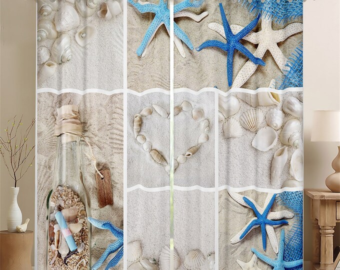 Panel Curtain.star Fish.2 Panel Curtain.blue and White.window Treatment ...