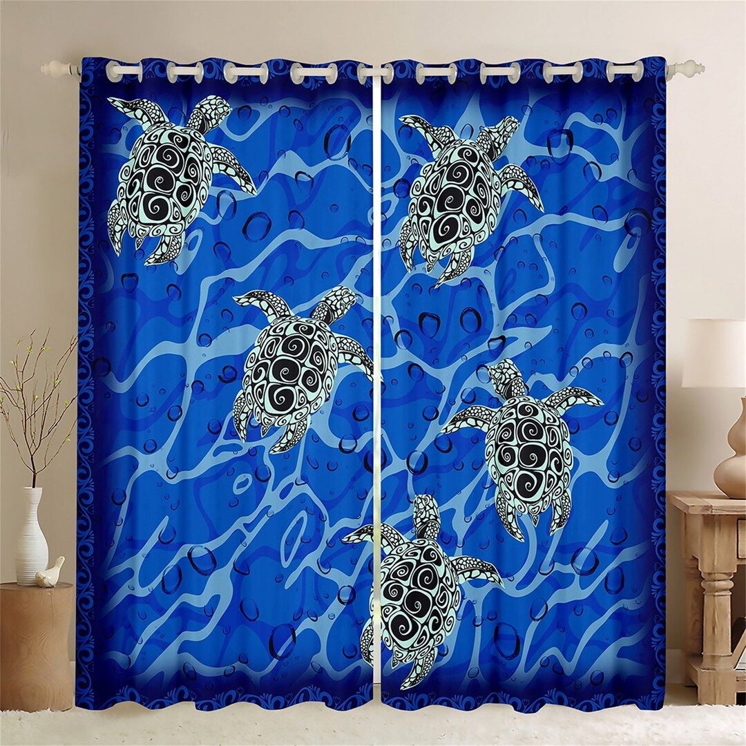 Handmade Sea Turtle Window Curtains, Ocean Animal Window Drapes, Wave ...