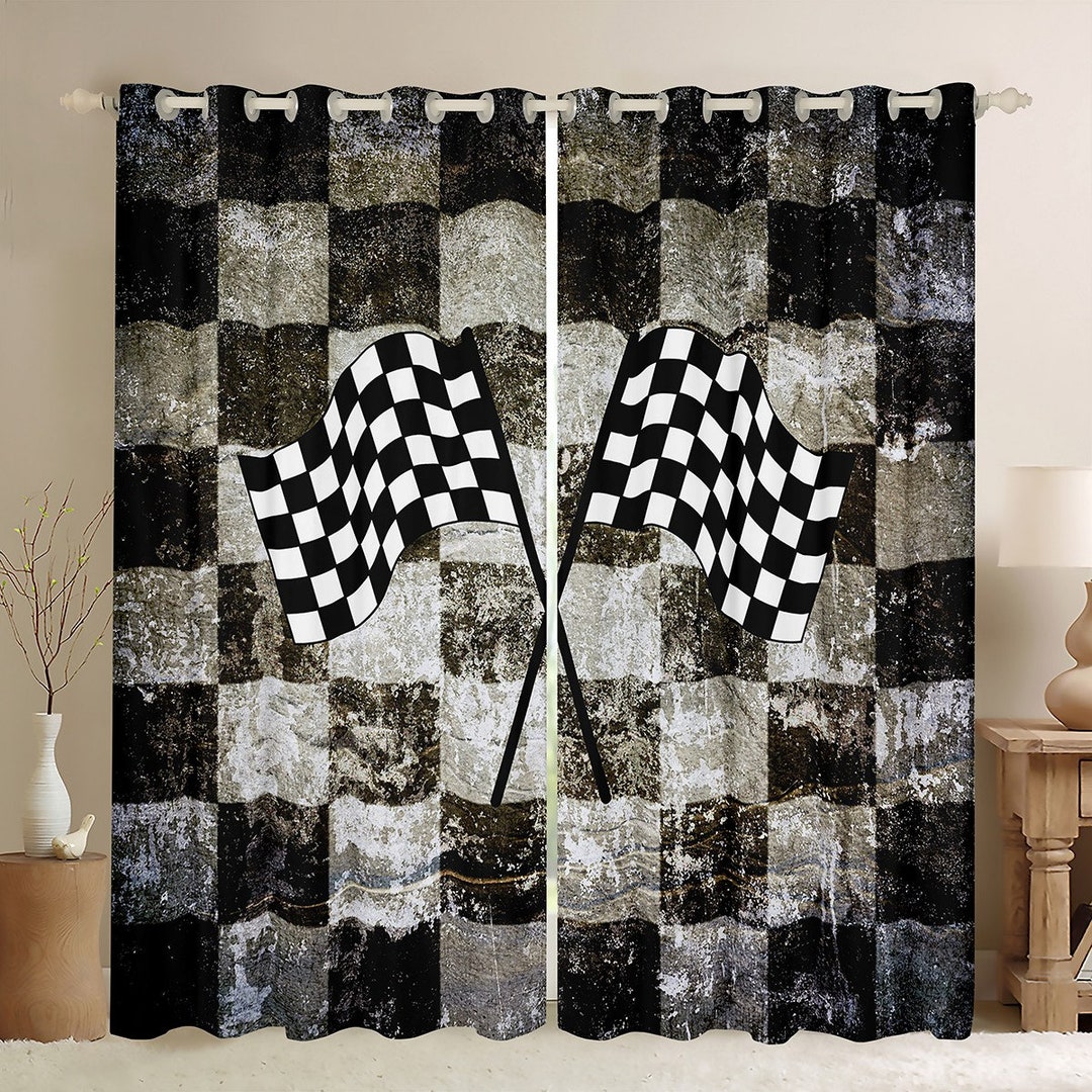 Racing Checker Flag Window Drapes, Sport Car Competition Flags Graffiti ...