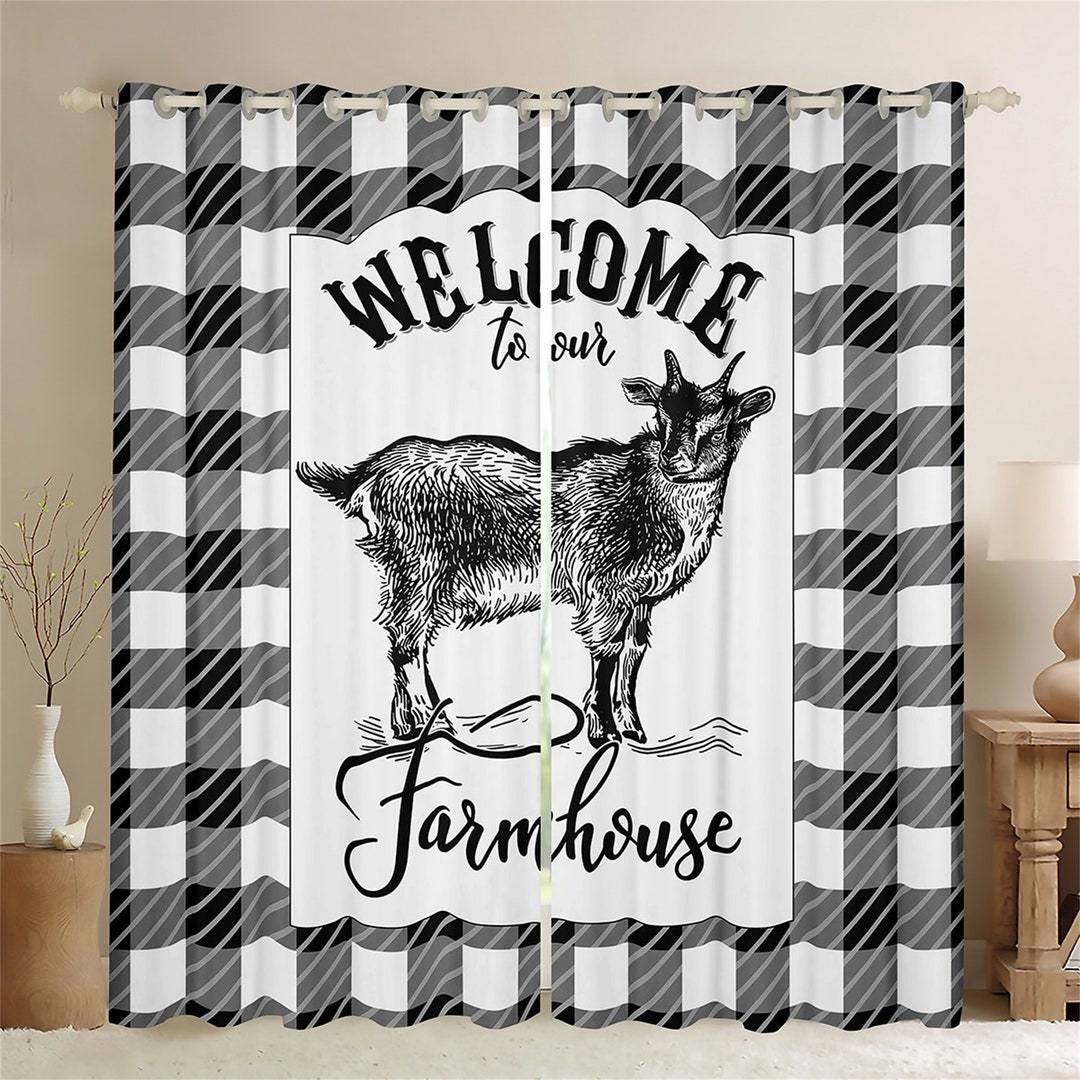 Rustic Farmhouse Goat Sheep Window Curtains, Farm Animal Graffiti ...