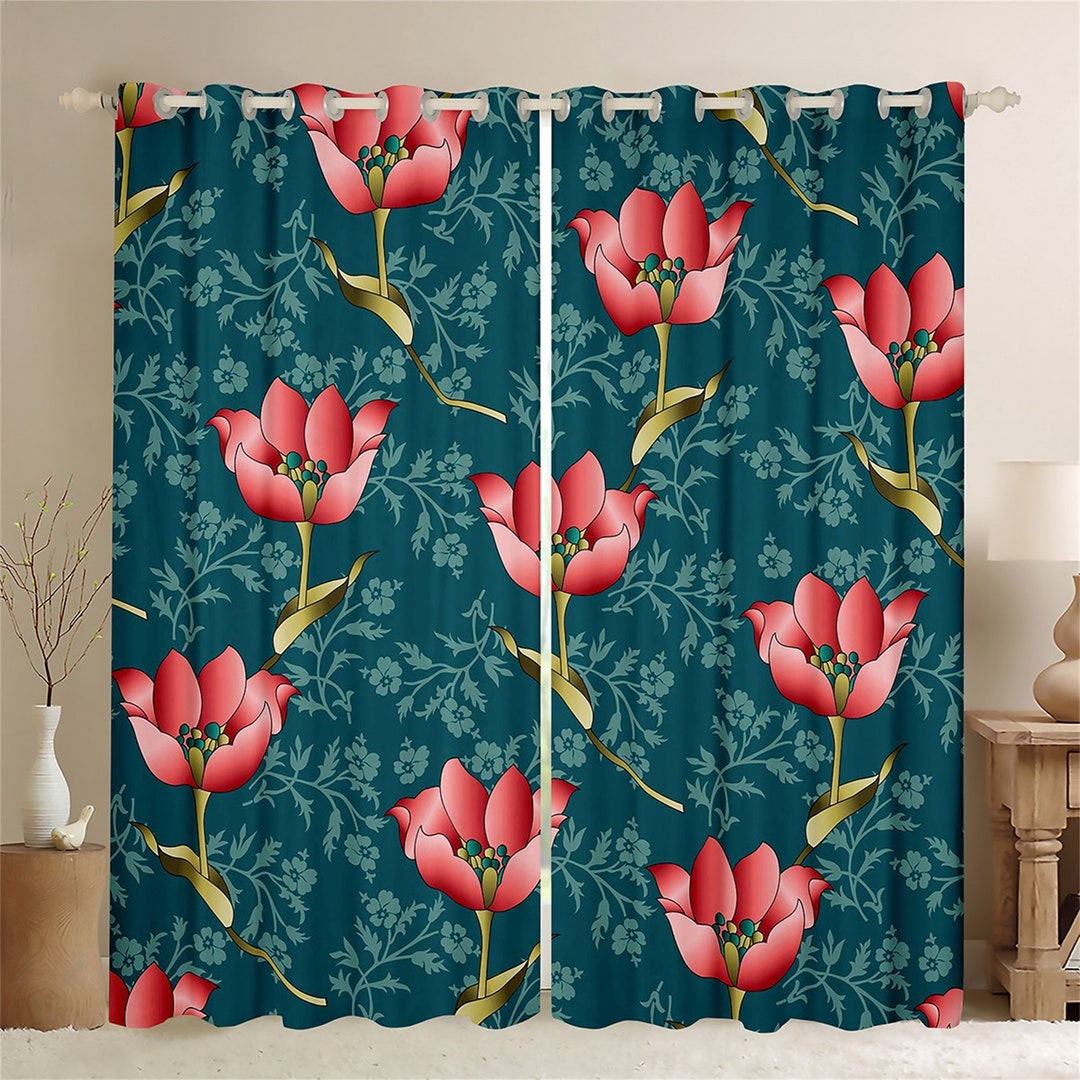 Watercolor Flower Window Curtain, Vintage Teal Lotus Rustic Window ...