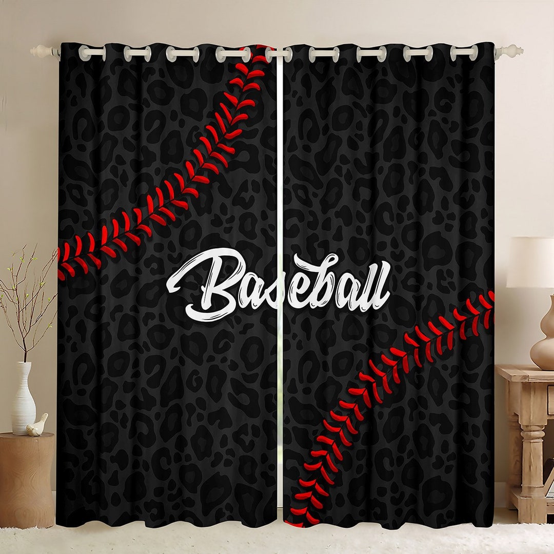 Baseball Window Curtain Set, Sports Ball Game Red Stripes Graffiti ...