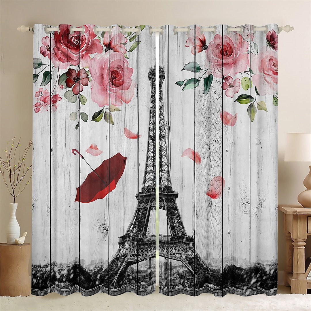 Paris Eiffel Tower Window Curtain Set, Pink Flowers Red Umbrella Print ...