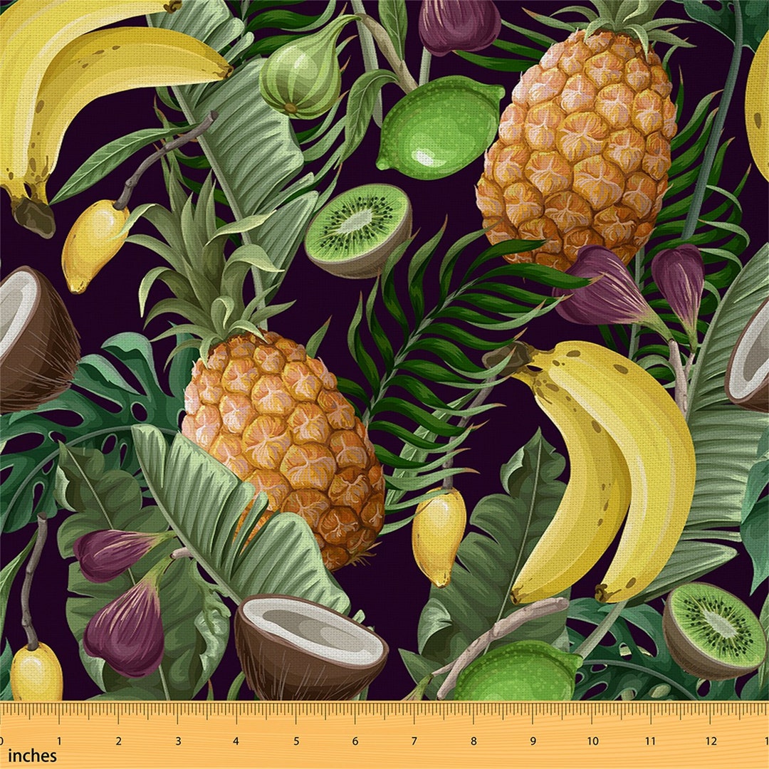 Tropical Fruit Fabric by the Yard, Rustic Jungle Palm Leaves Polyester ...