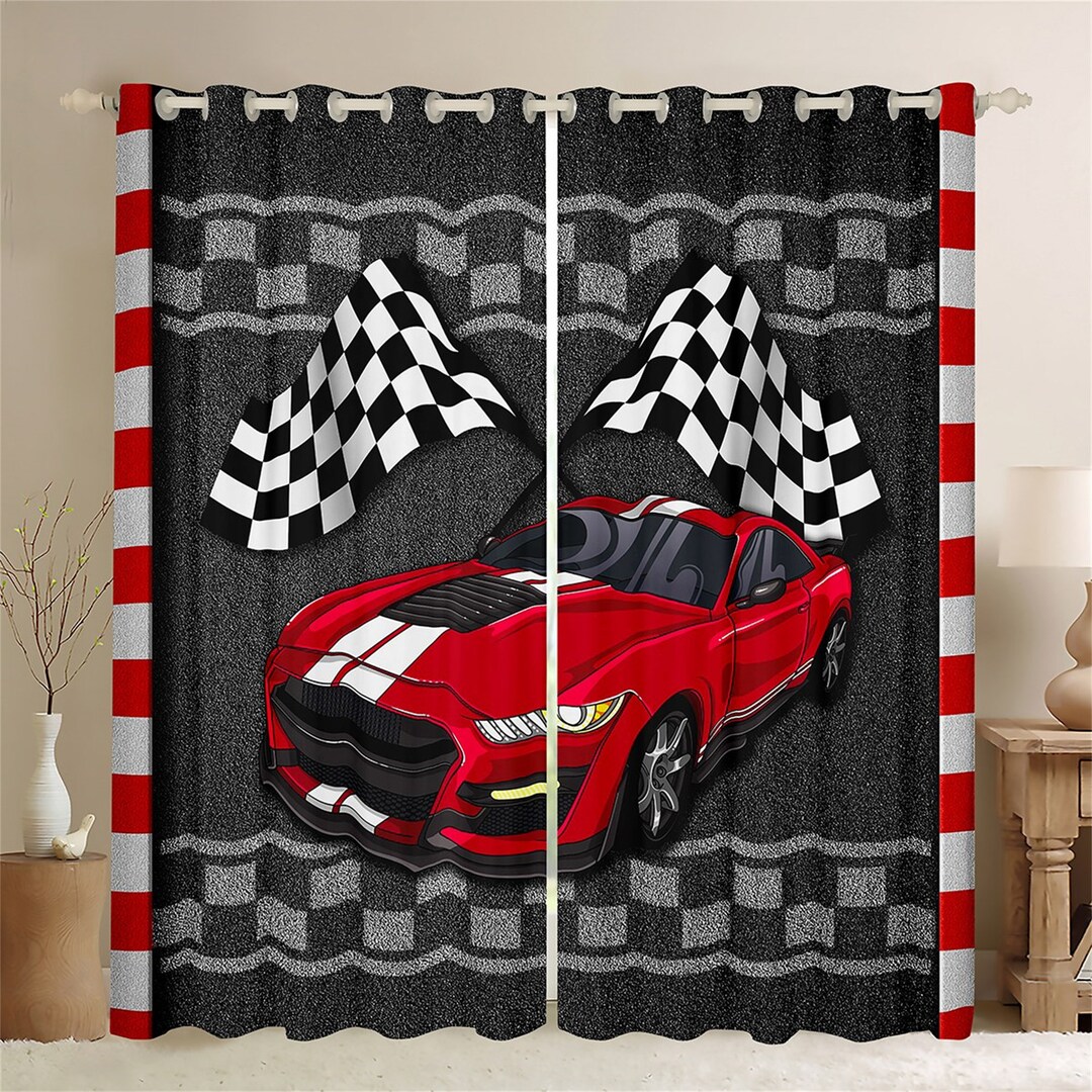Racing Car Curtains, Geometric Plaid Flag Graffiti Window Curtain Set ...