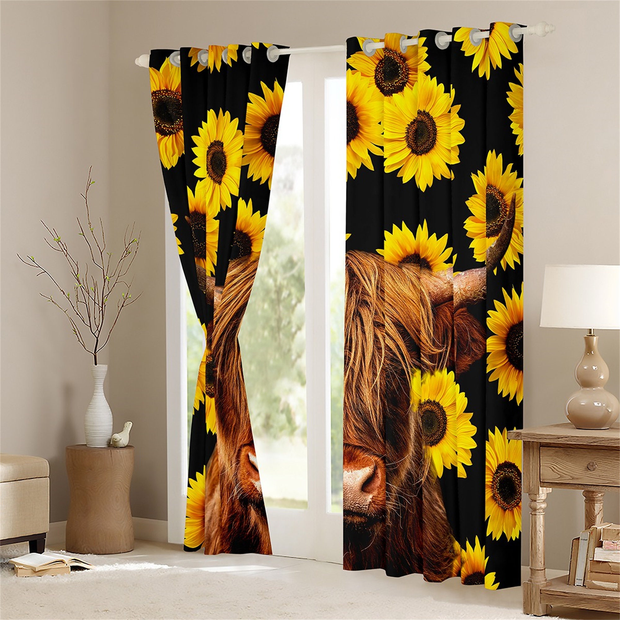 Highland Cattle Cow Window Curtains Sunflower Vivid Window - Etsy