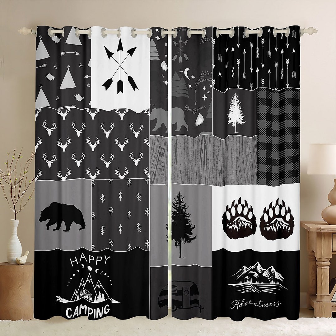 Nature Adventure Window Curtain Set, Wild Jungle Deer Antler Bear Paw ...