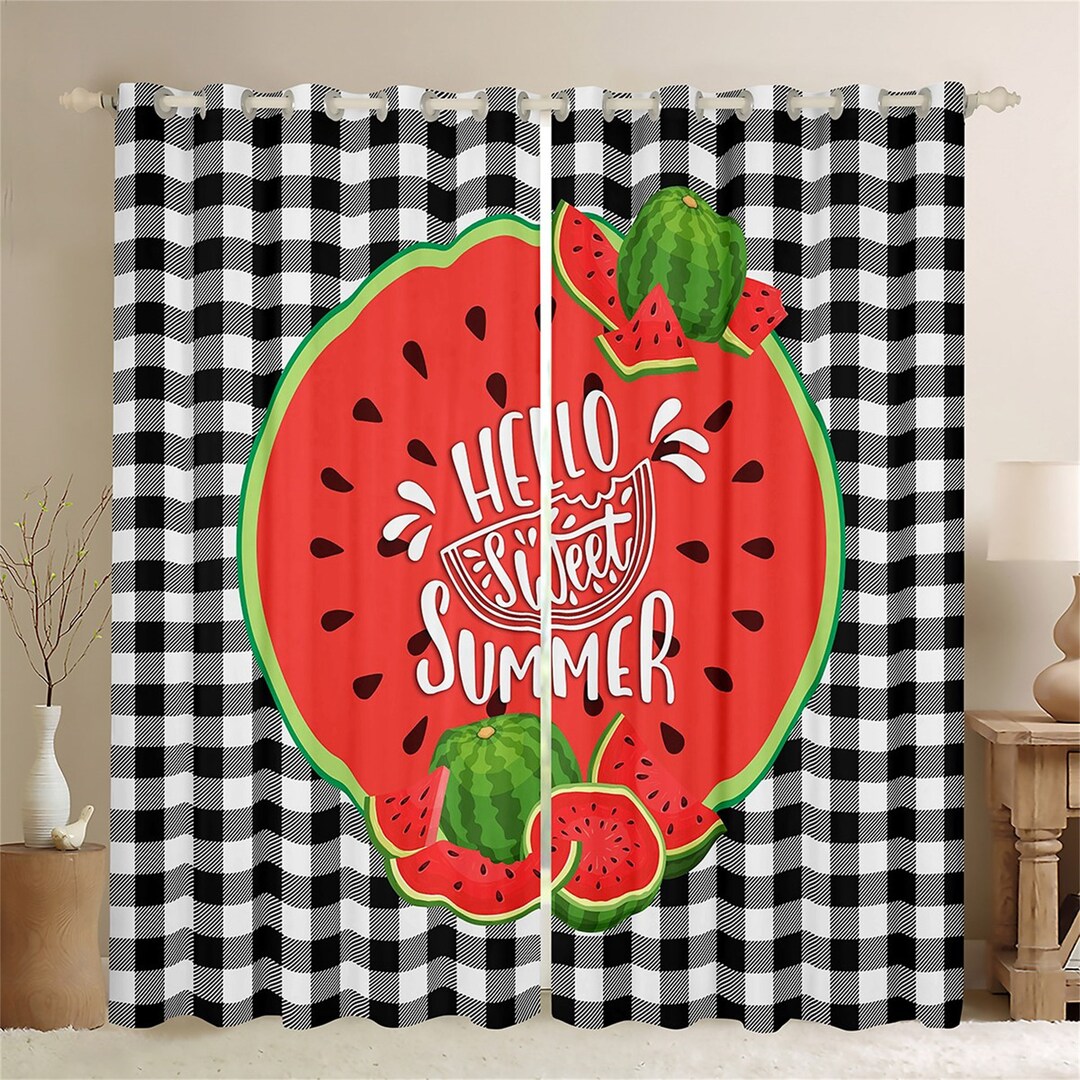Watermelon Curtain Set, Retro Black White Plaid Grid Print Window ...