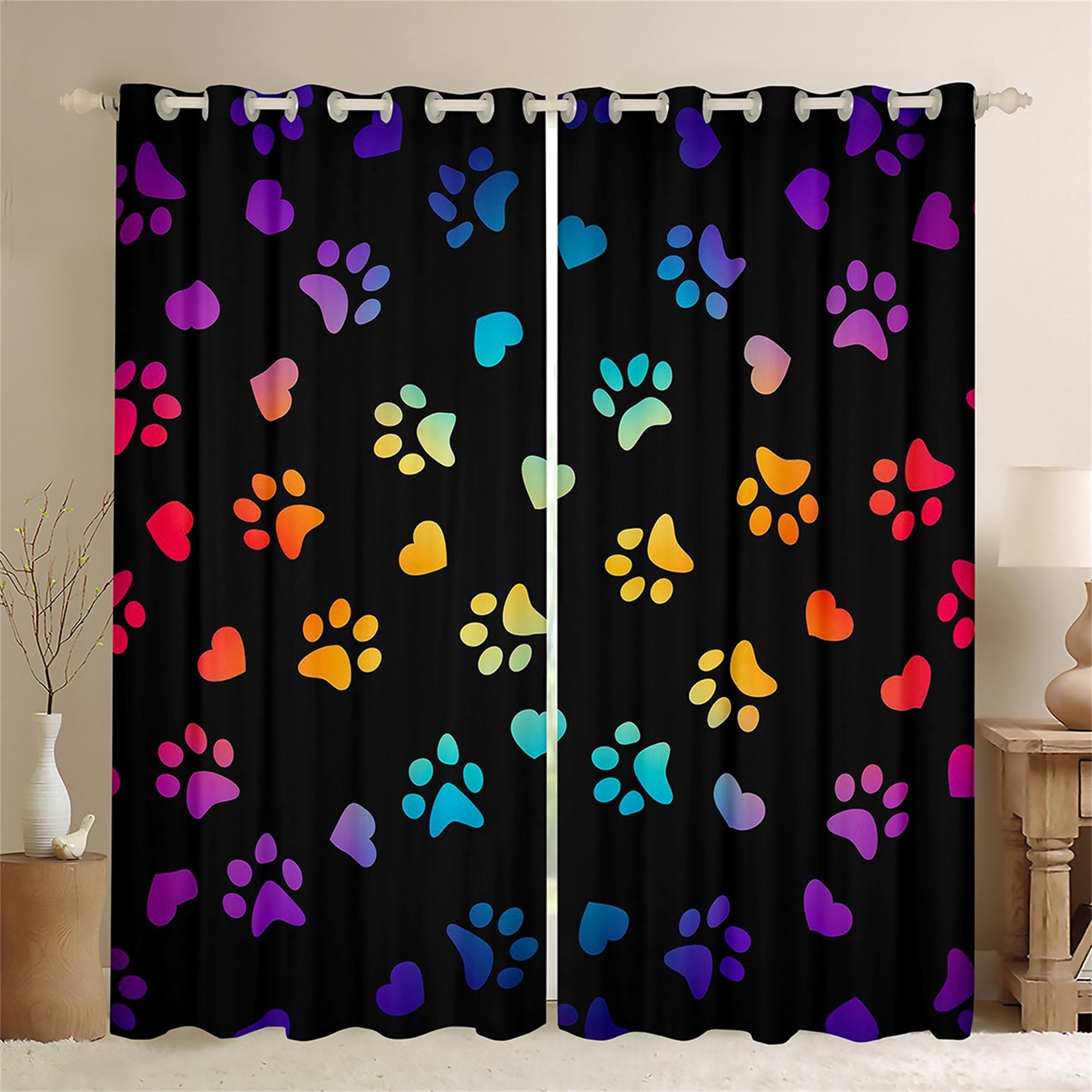 Dog Paw Print Window Curtains Neon Rainbow Animal Footprint - Etsy