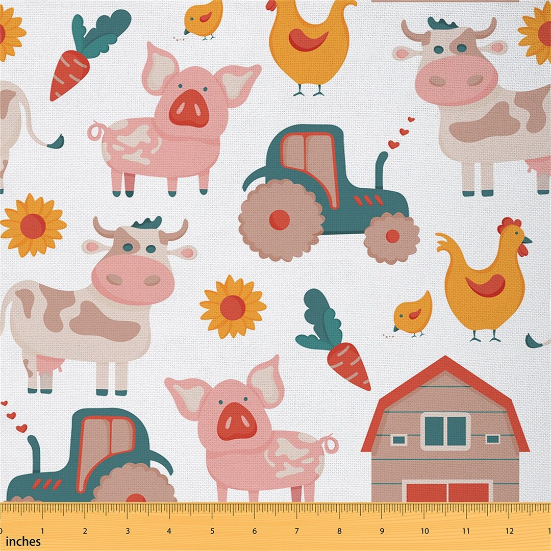 Rustic Farmhouse Polyester Fabric by the Yard, Cute Farm Animal Cow Pig ...