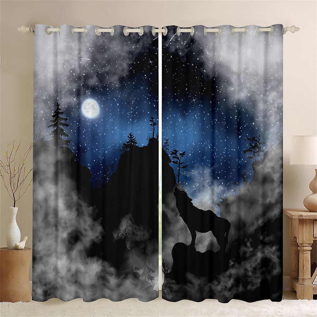Wild Wolf Window Curtains, Starry Galaxy Glitter Moon Night Window ...