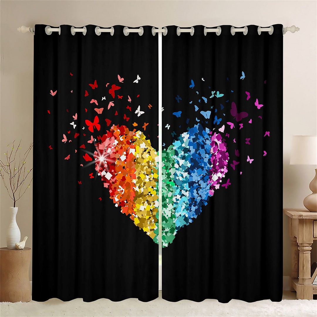 Love Heart Window Curtain Set, Colorful Butterfly Print Dreamy Animal ...