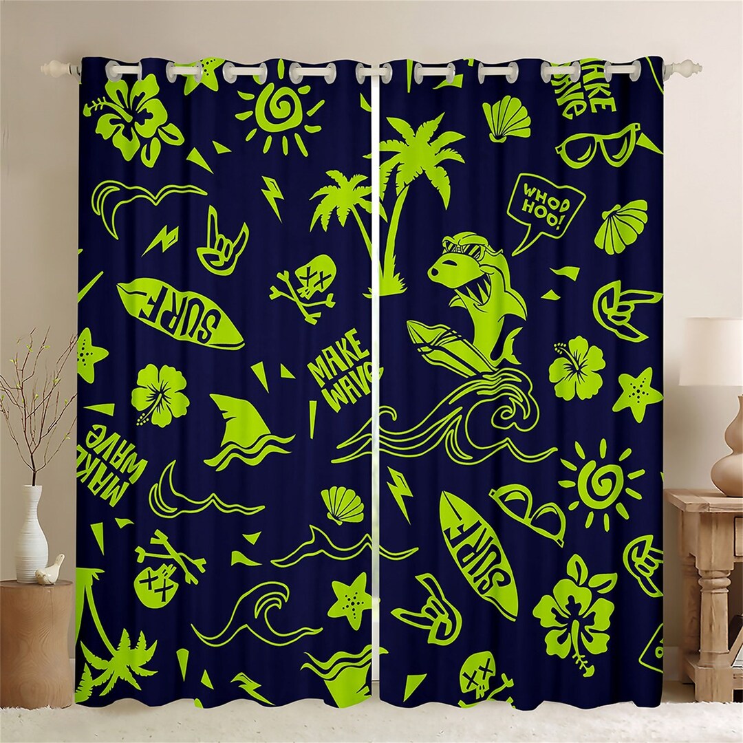 Hawaiian Window Drapes Cartoon Shark Palm Tree Flower Green - Etsy
