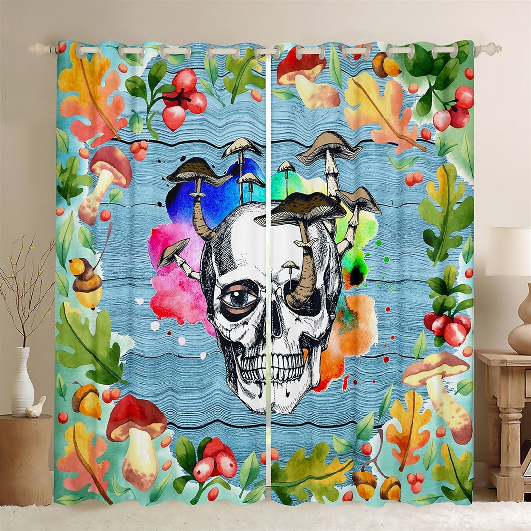 Gothic Skull Skeleton Window Curtains, Botanical Plants Mushroom Leaves ...