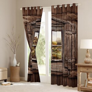 Rustic Farmhouse Style Window Curtains, Retro Brown Wooden Barn Door Curtain Set, Rural ...