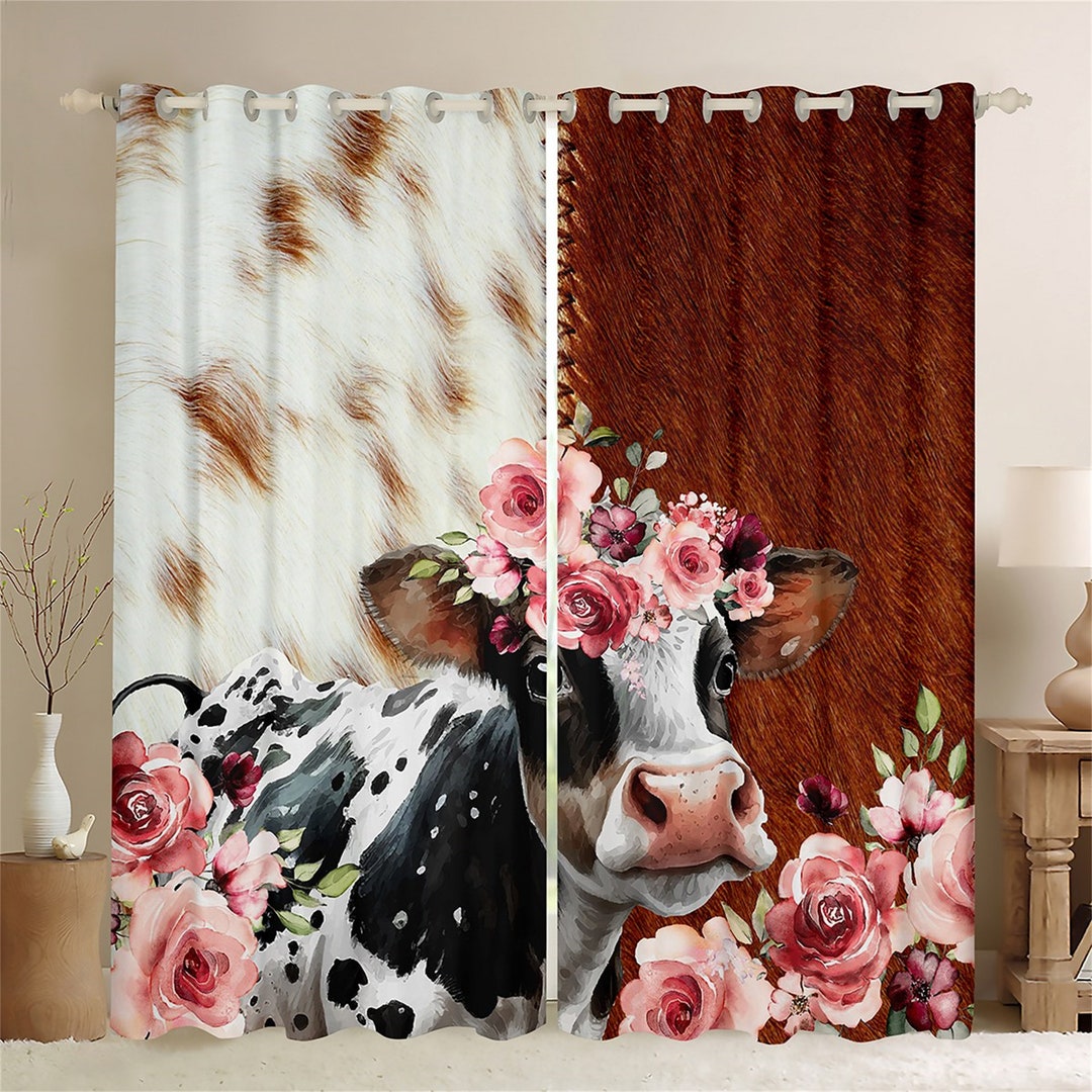 Rustic Cow Window Curtain Set, Watercolor Pink Flowers Farmhouse Animal ...