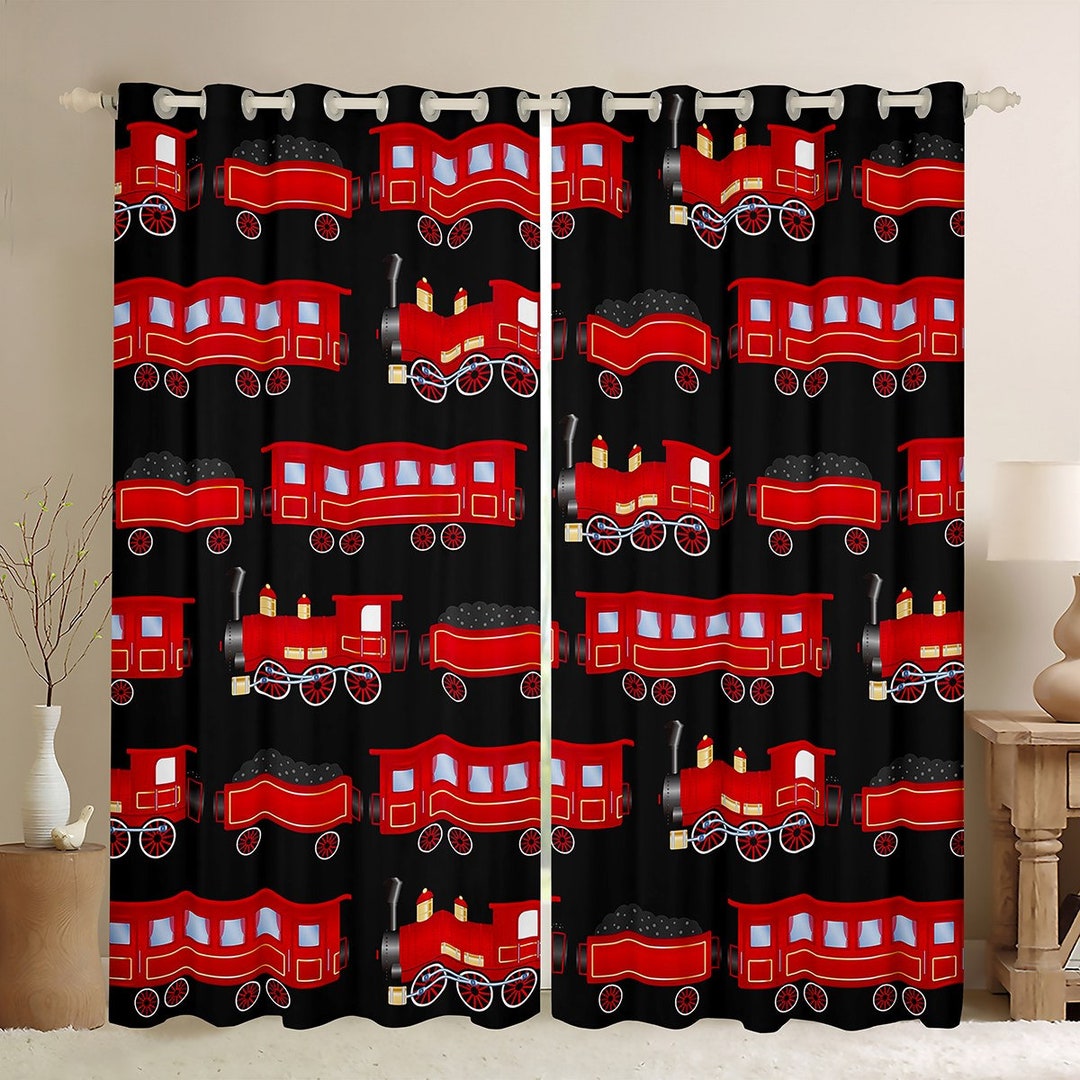 Red Train Window Curtain Set, Cartoon Vehicles Choo-choo Window Drapes ...