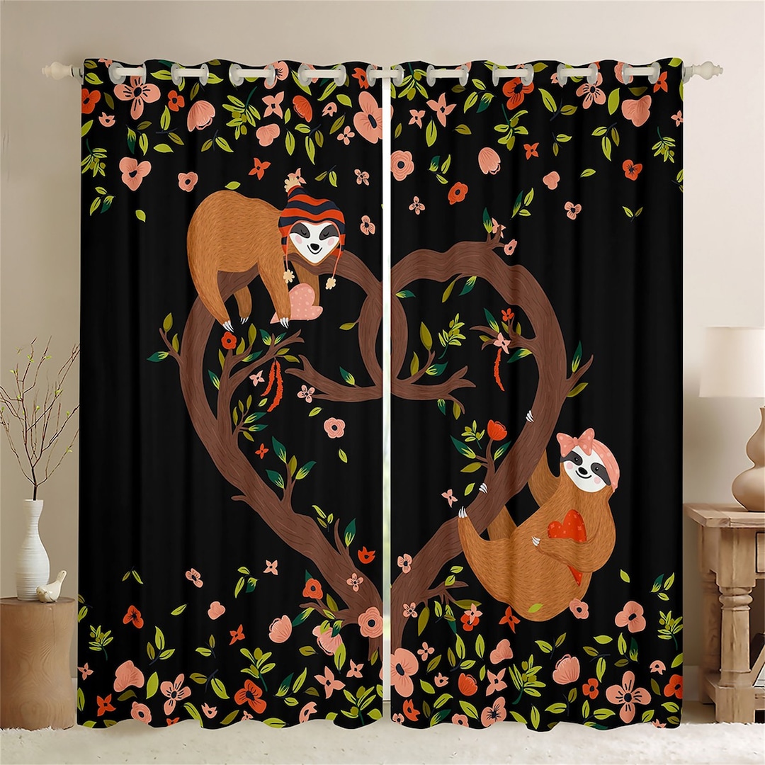 Cartoon Sloth Handmade Window Curtains, Hanging Sloths Window Drapes ...