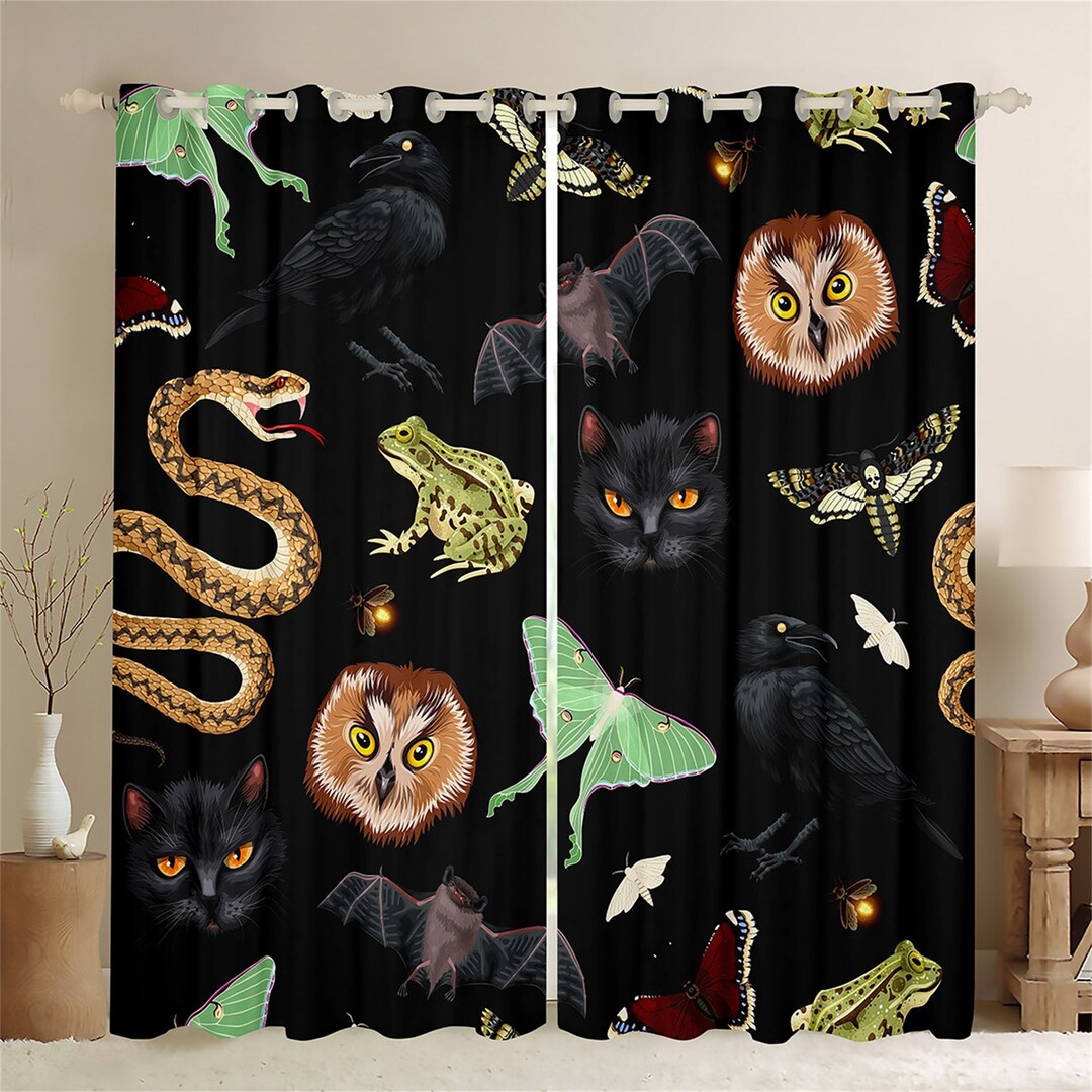 Exotic Jungle Animals Window Drapes, Wild Moth Snake Bat Owl Printing ...