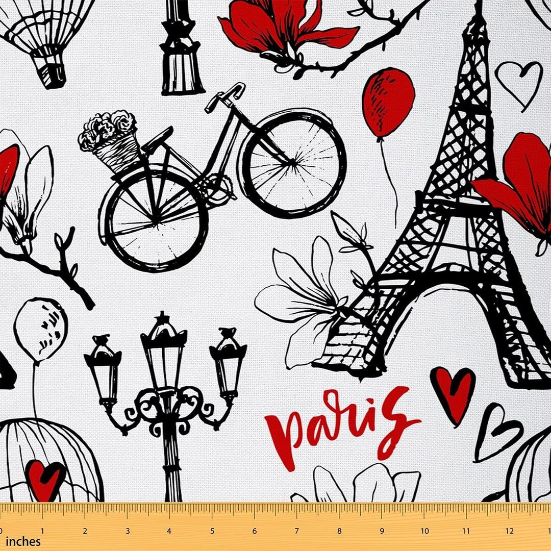 Romantic Paris Fabric by the Yard, Retro Bike Eiffel Tower Graffiti ...