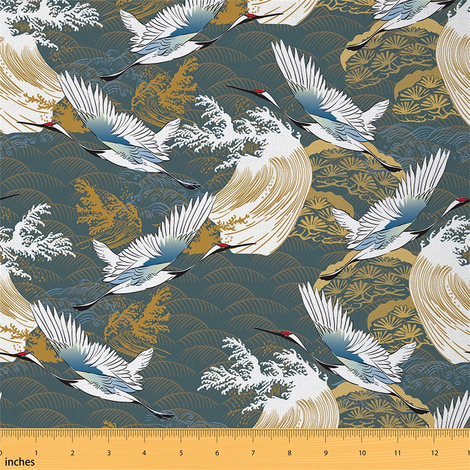 Japanese Style Crane Fabric by the Yard, Watercolor Animal Sea Waves ...
