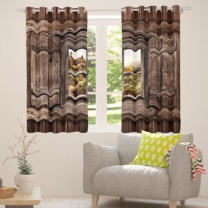 Rustic Farmhouse Style Window Curtains, Retro Brown Wooden Barn Door Curtain Set, Rural ...