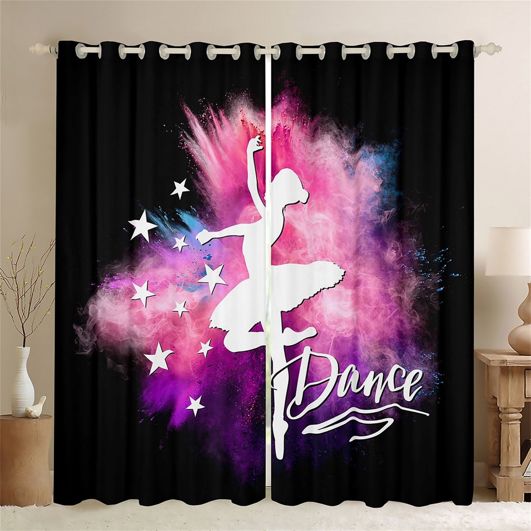 Ballet Dancer Silhouette Window Curtains, Starry Sky Galaxy Watercolor ...