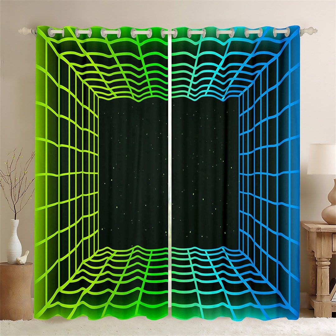 Geometric Strips Plaids Window Curtains, Neon Green Blue Gradient ...