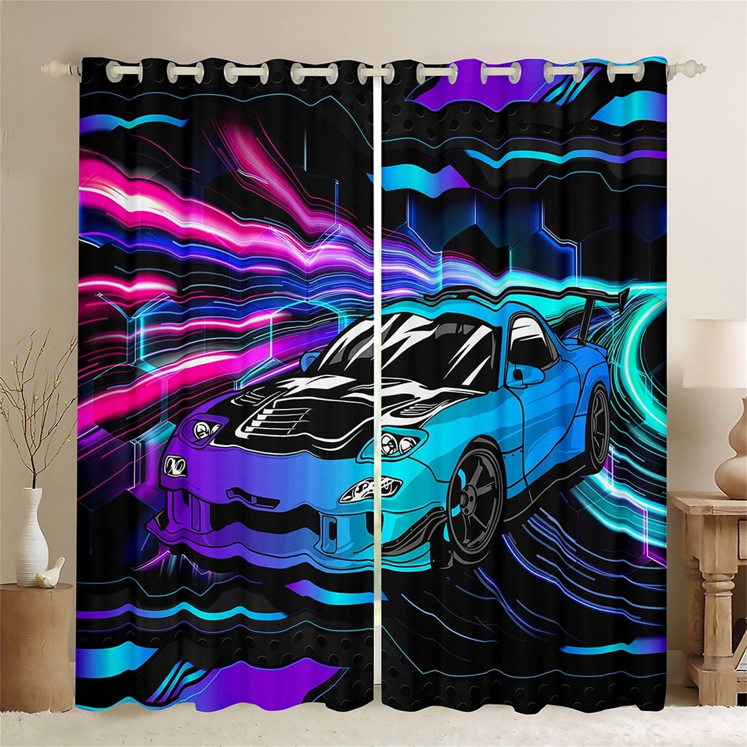 Racing Car Window Curtain Set, Sports Car Extreme Game Curtains, Neon ...