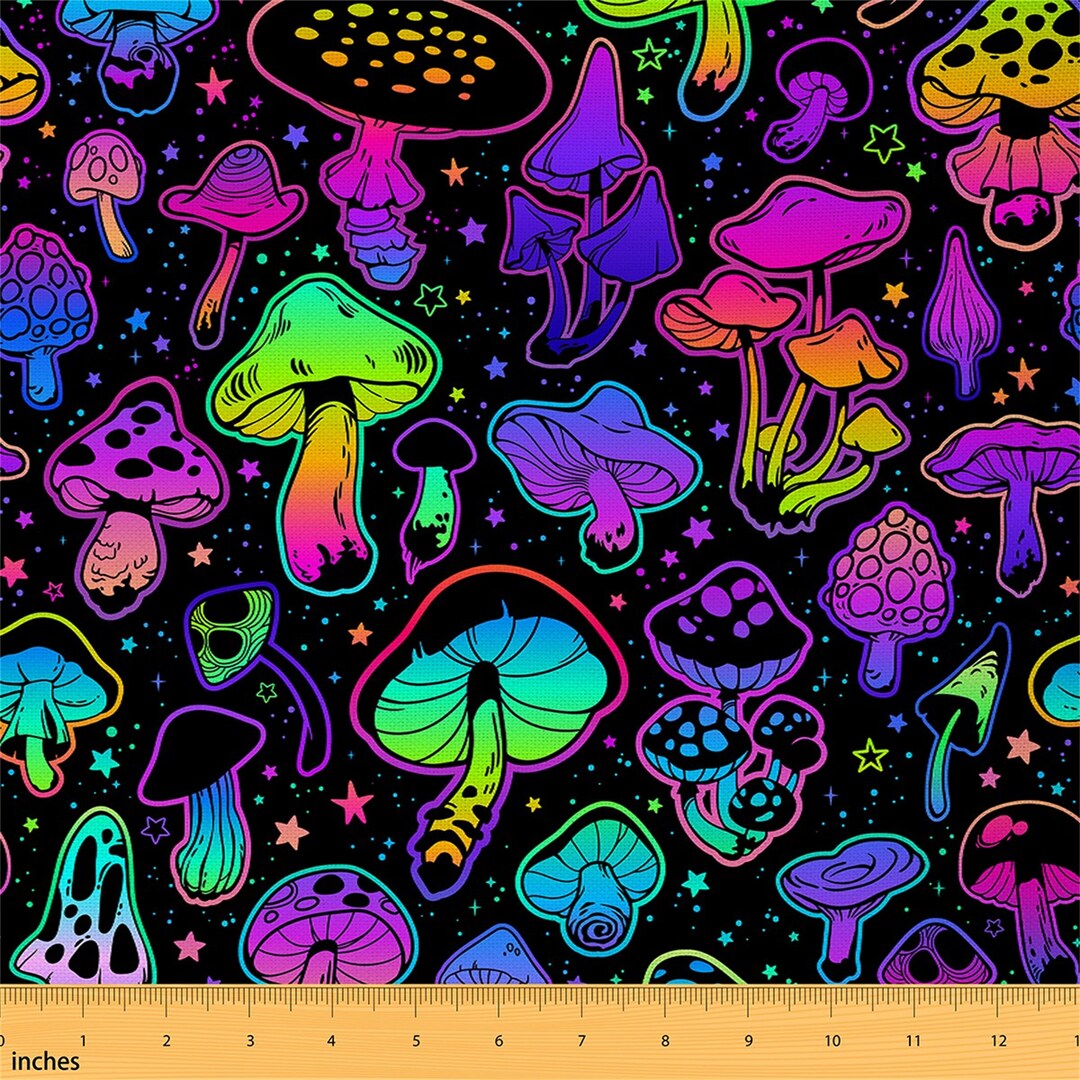 Mushroom Polyester Fabric by the Yard, Neon Rainbow Botanical Plant ...
