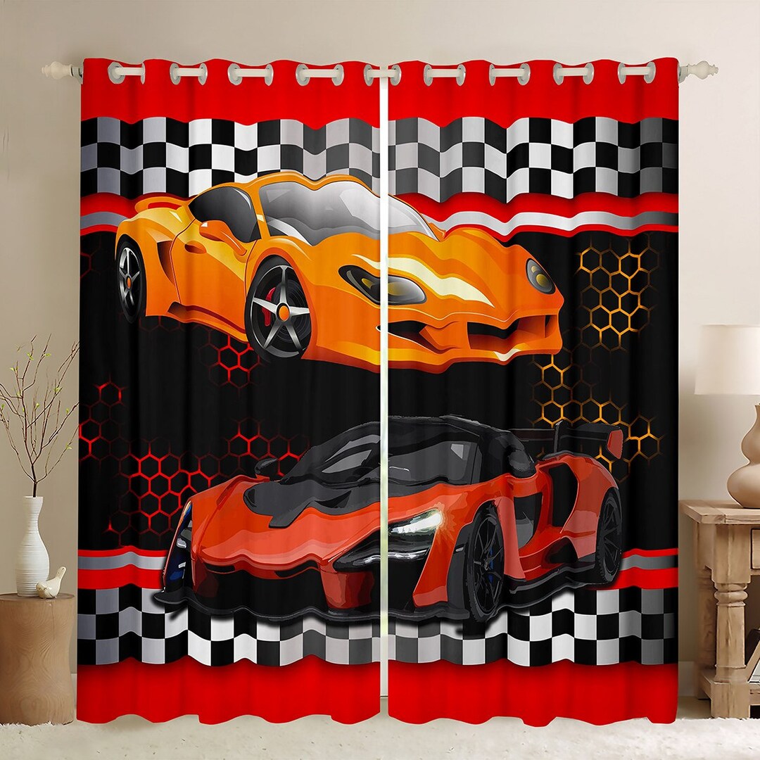 Racing Car Window Curtain Set, Extreme Sports Modern Checker Flag ...