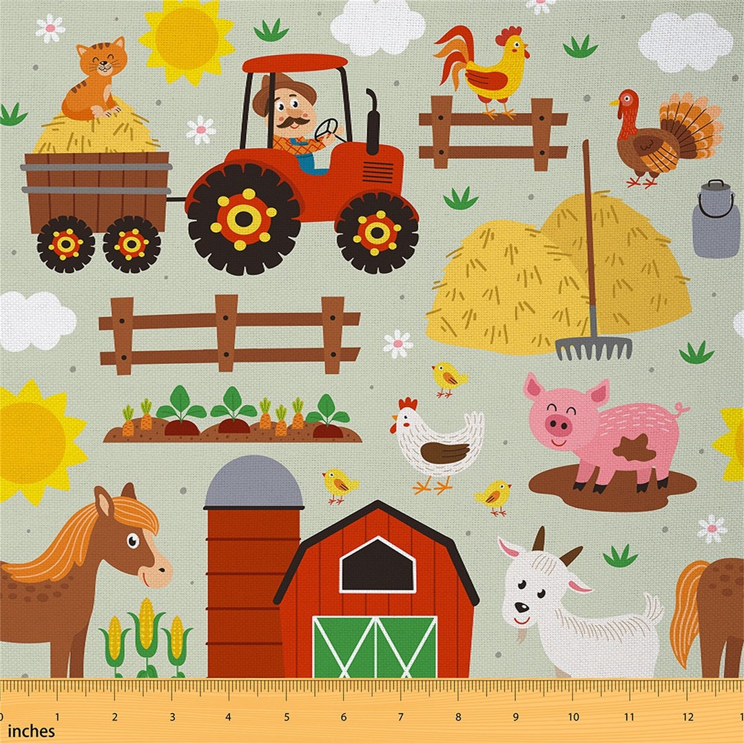 Rustic Farmhouse Polyester Fabric by the Yard, Farm Animal Cabin Fence ...