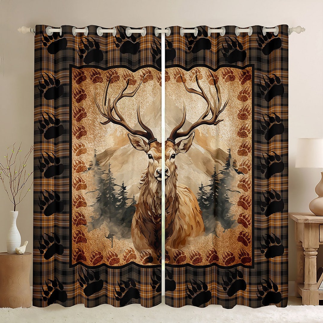 Rustic Deer Window Curtain Set, Jungle Pine Trees Wild Animal Bear Paw ...