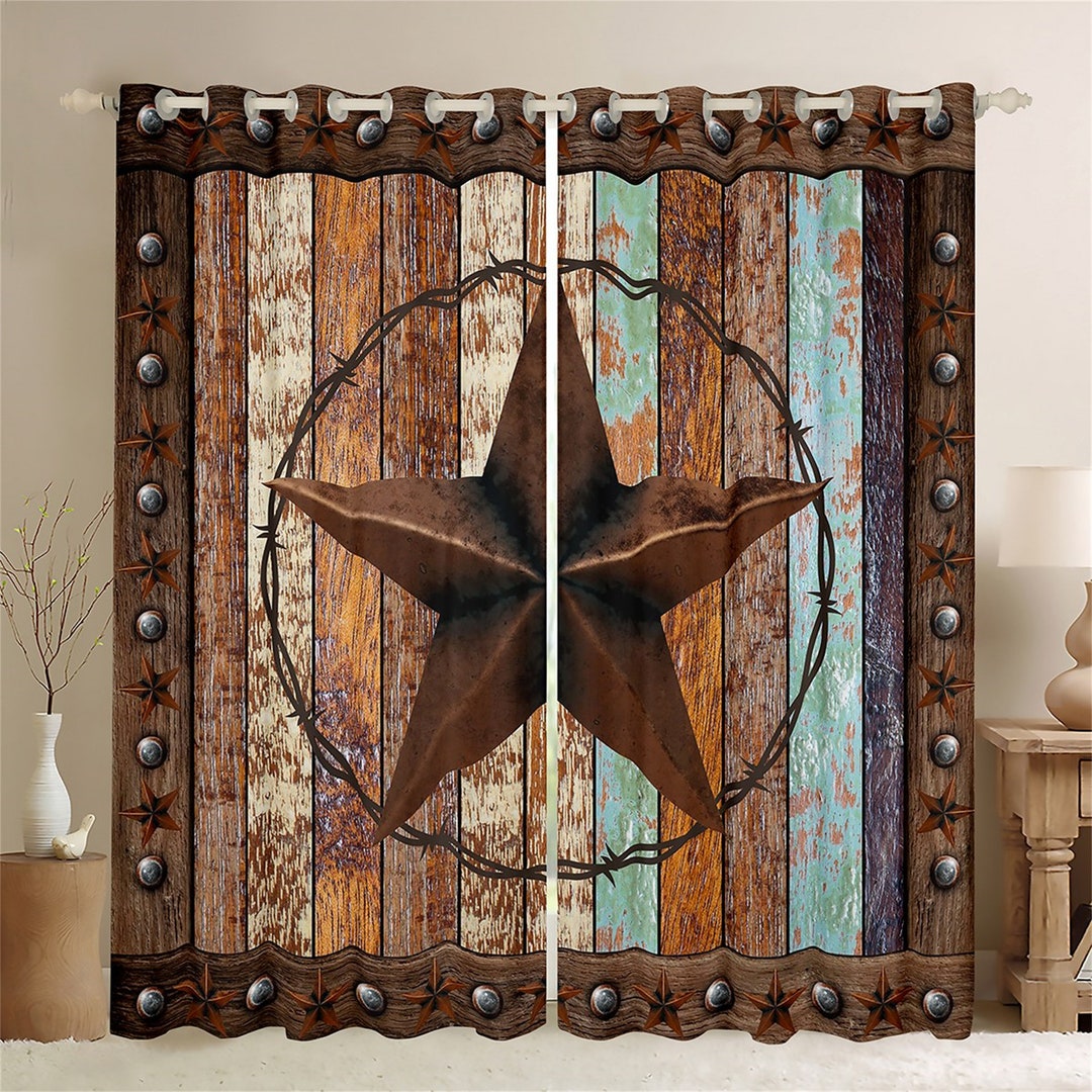 Western Texas Retro Star Window Curtains, Vintage Brown Wooden Plank ...