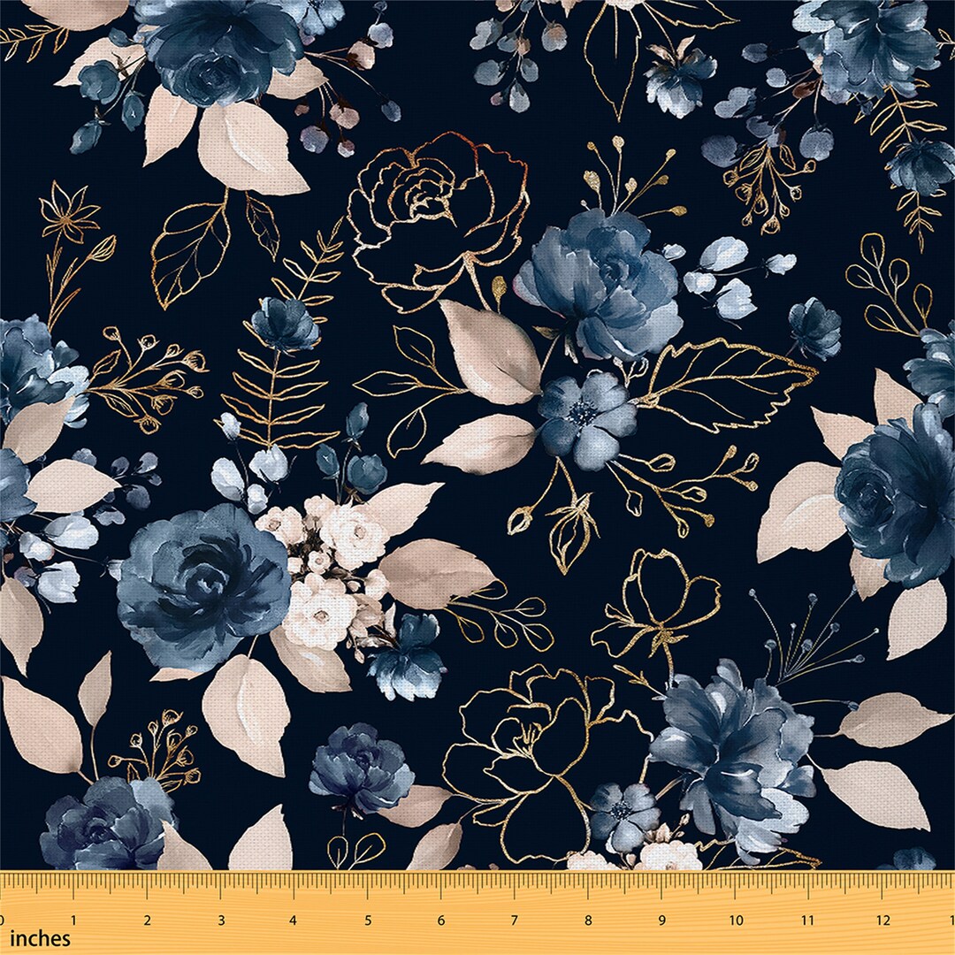 Blue Flower Upholstery Fabric by the Yard, Watercolor Floral Polyester ...