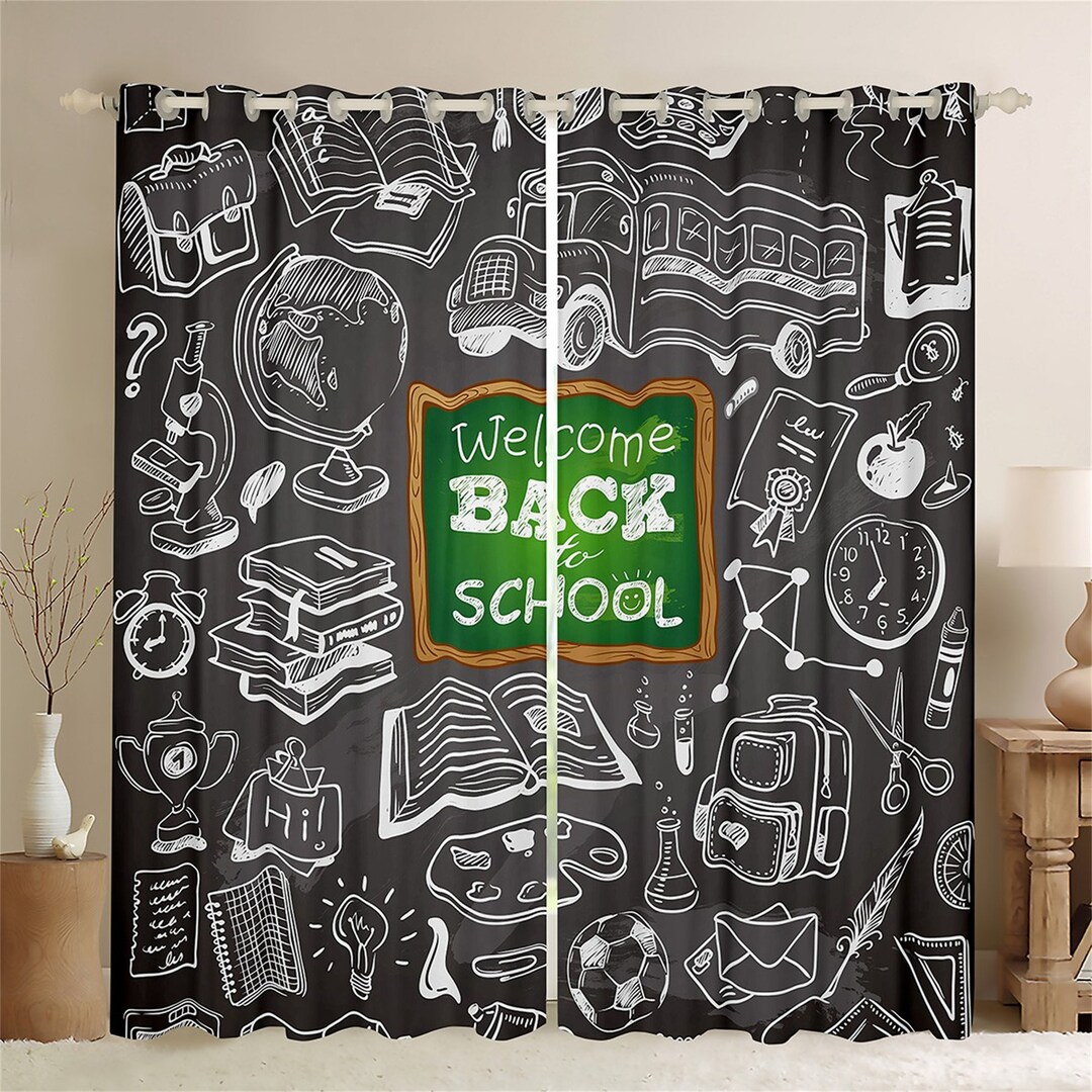 School Window Curtains, Class Book Football School Bus Graffiti Window ...