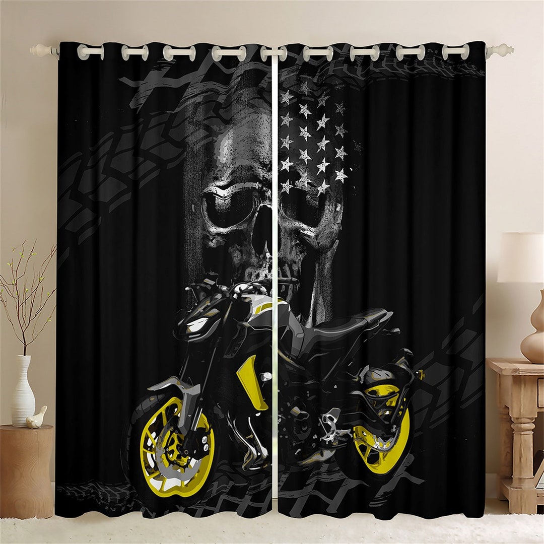 Black Dirt Bike Window Curtain Set Psychedelic Skull Retro - Etsy