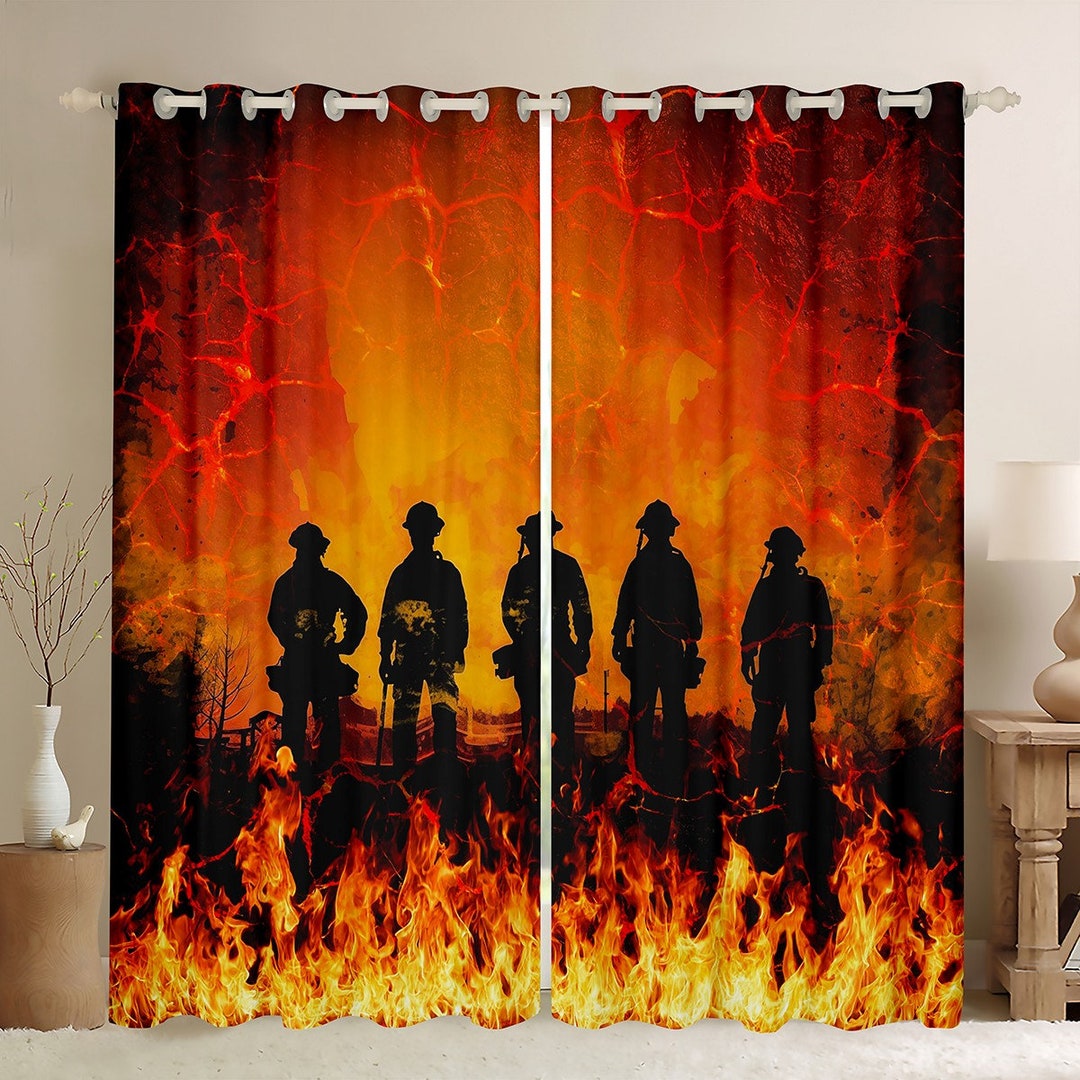 Firefighter Silhouette Window Curtains, Firefighting Theme Orange Black ...