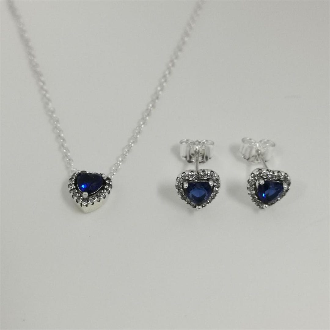 Pandora Blue Sparkling Heart Halo Ear Studs Pendant Collier Necklace ...