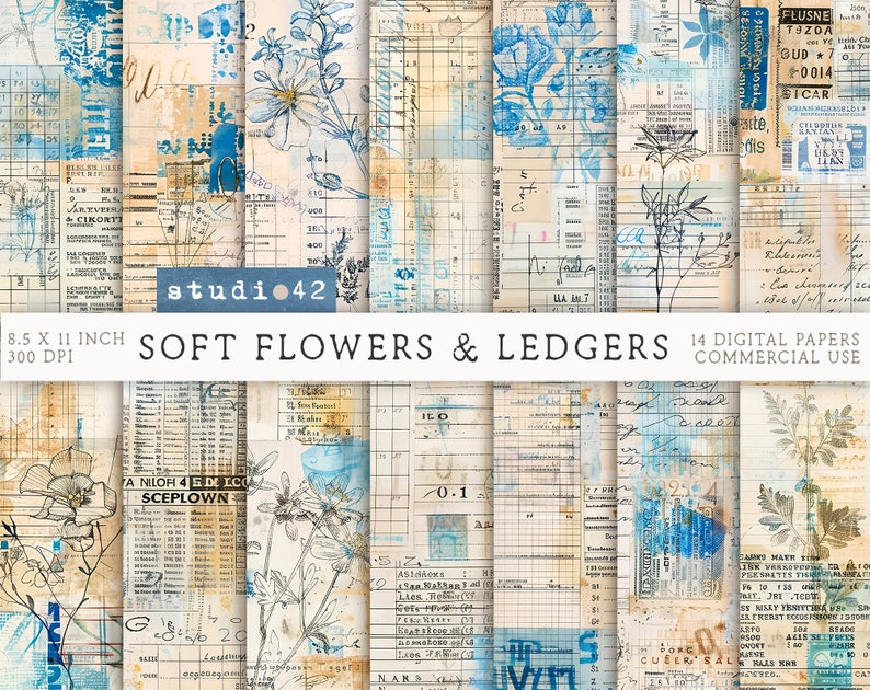 Printable Botanical Ledger Papers, Digital Ledger Paper, Digital ...