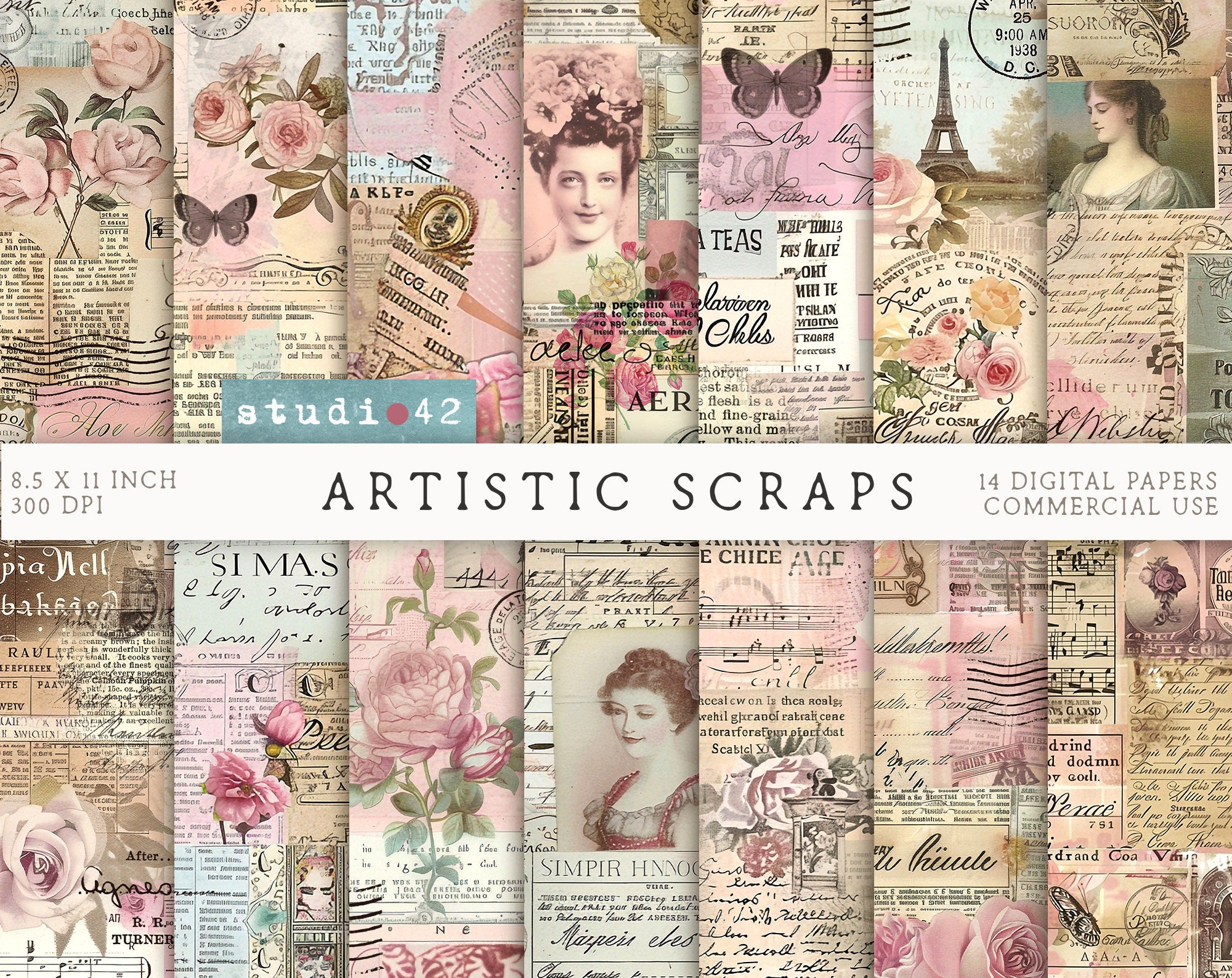 Printable Tattered Antique Ledger Papers, Pink Junk Journal Pages ...