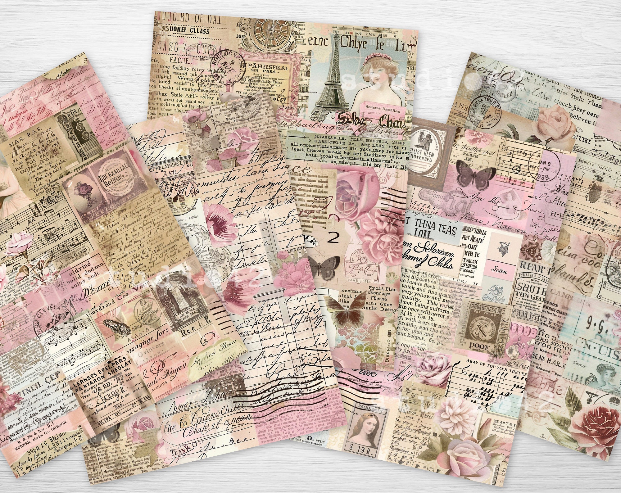 Printable Tattered Antique Ledger Papers, Pink Junk Journal Pages ...